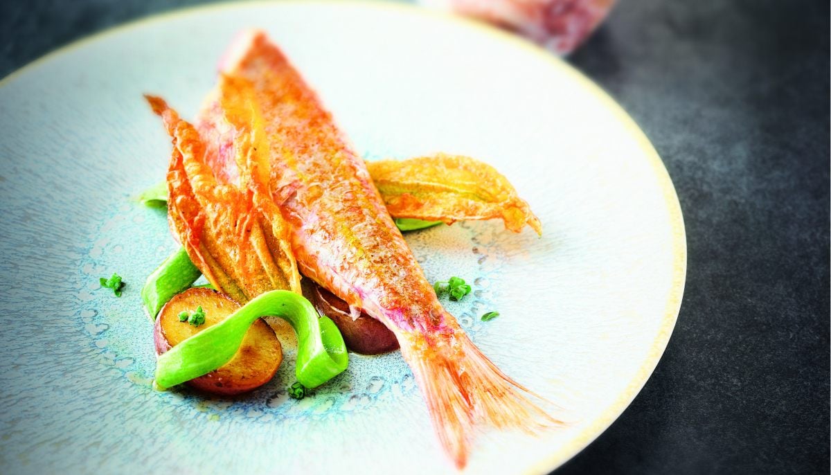 Recette de Rouget de roche, pomme nouvelle, fleur et ruban de courgette ...